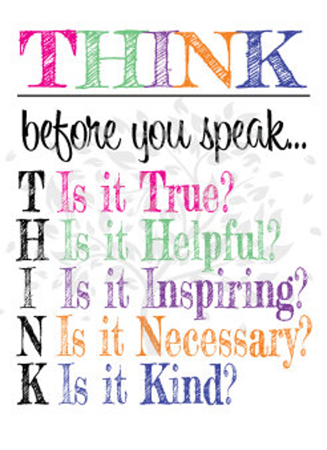 T.H.I.N.K. Think Before You Speak Kids Wall Art Print | Etsy