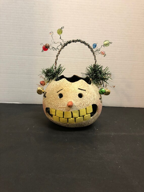 Snowman Gourd Pail with Beaded Wire Handle Handmade | Etsy