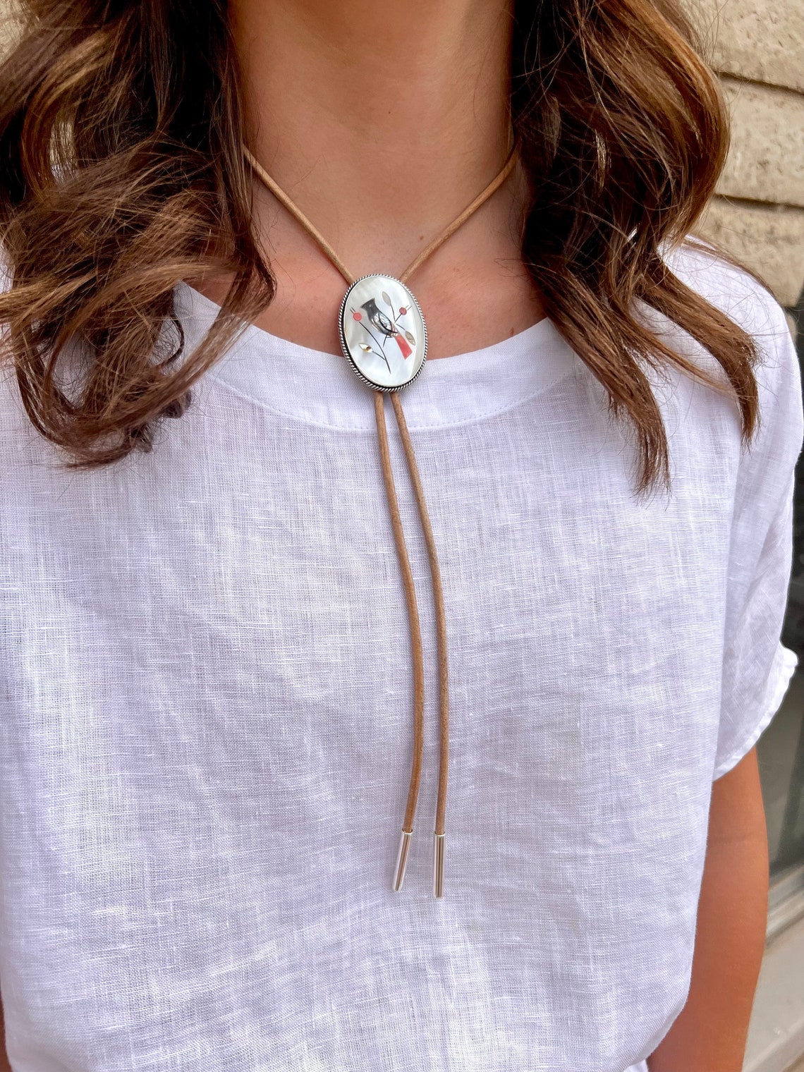 Bolo Tie, Mother of Pearl Shell Inlay, Colorful Bird Cabochon, Leather ...