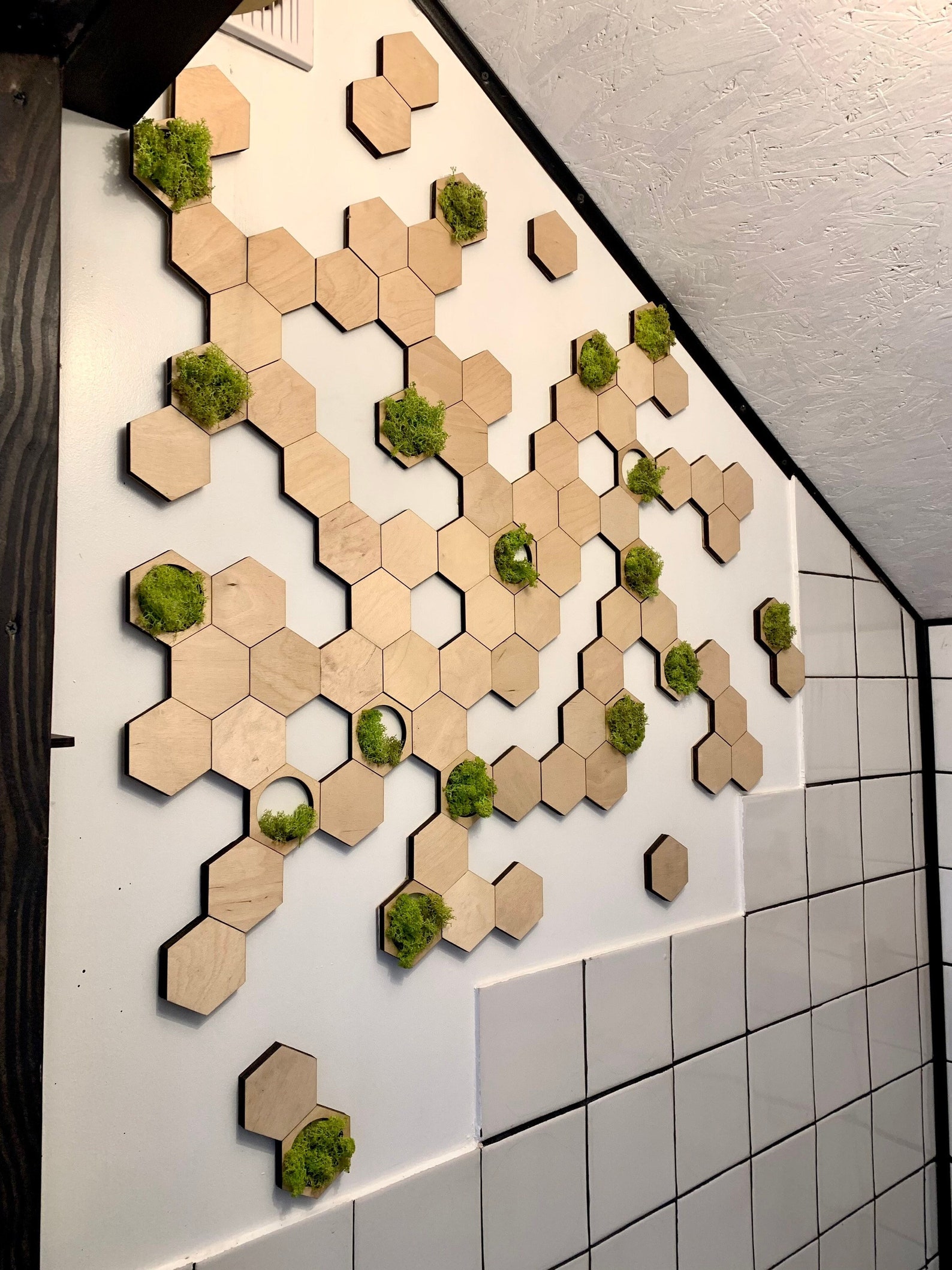 Hexagon Wood & Moss Wall Arthexagon Wall Tiles Hexagon Wall - Etsy