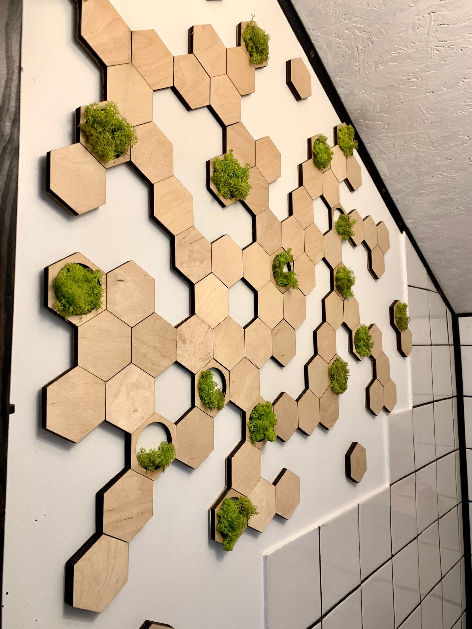 Hexagon Wood & Moss Wall Arthexagon Wall Tiles Hexagon Wall - Etsy