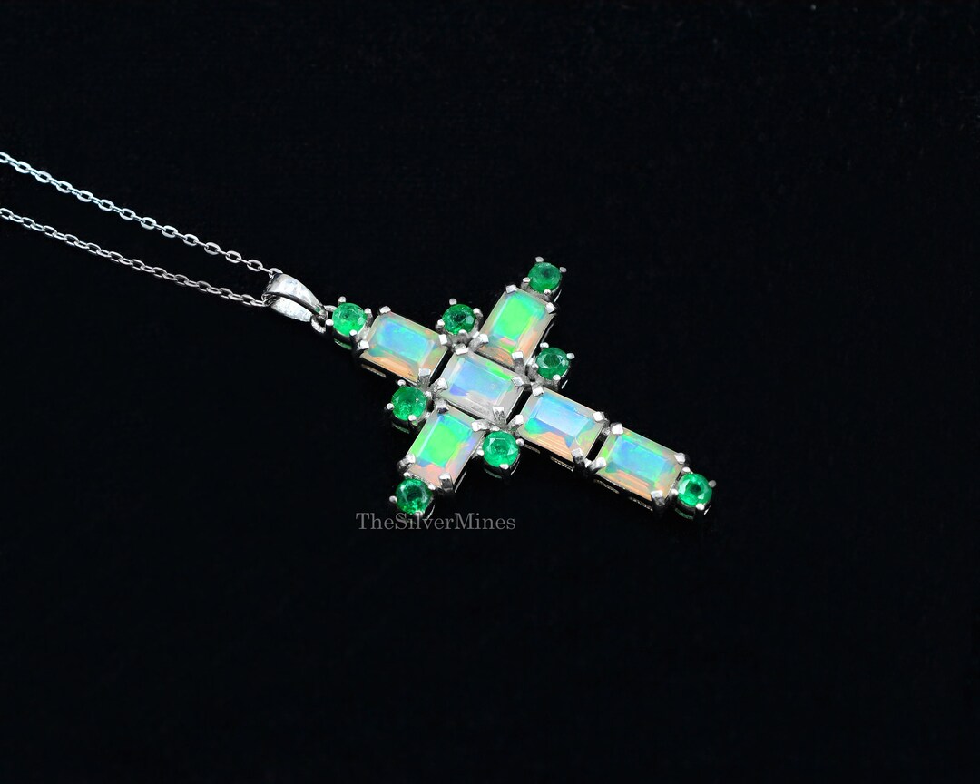 Natural Ethiopian Welo Opal Cut & Zambian Emerald Pendant Necklace/ 925 ...