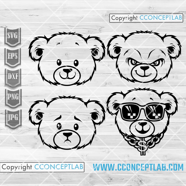 4 Teddy Facial Expression Svg Hipster Bear Clipart - Etsy