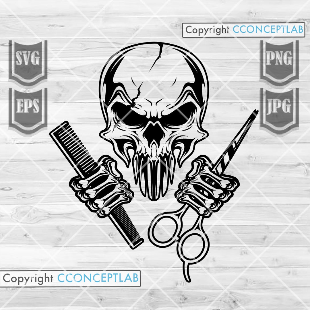 Barber Skull Svg | Skeletal Head With Comb & Scissor Clipart | Hair ...