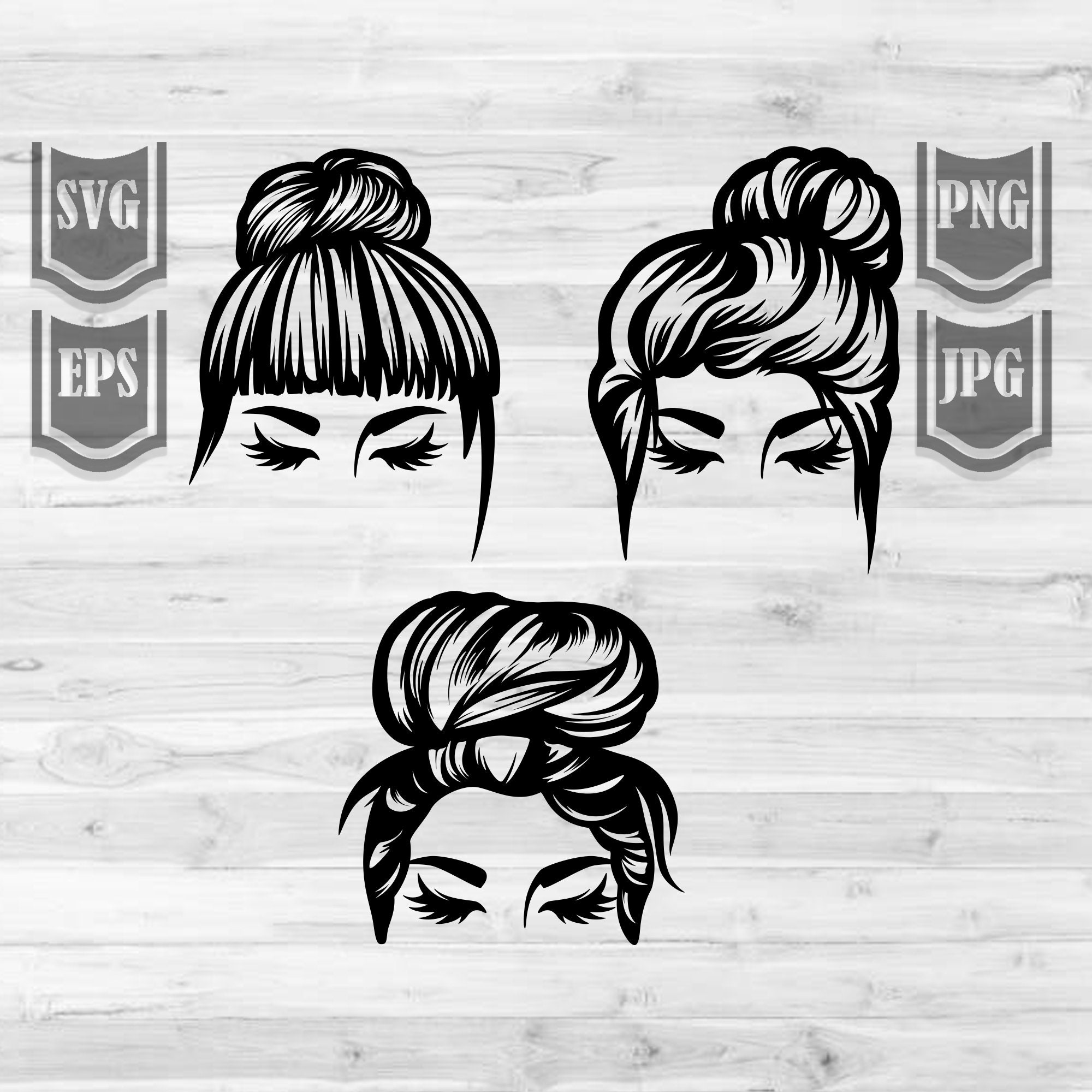 Bundle 3 Messy Bun Hair Svg File Messy Hair Style Svg | Etsy