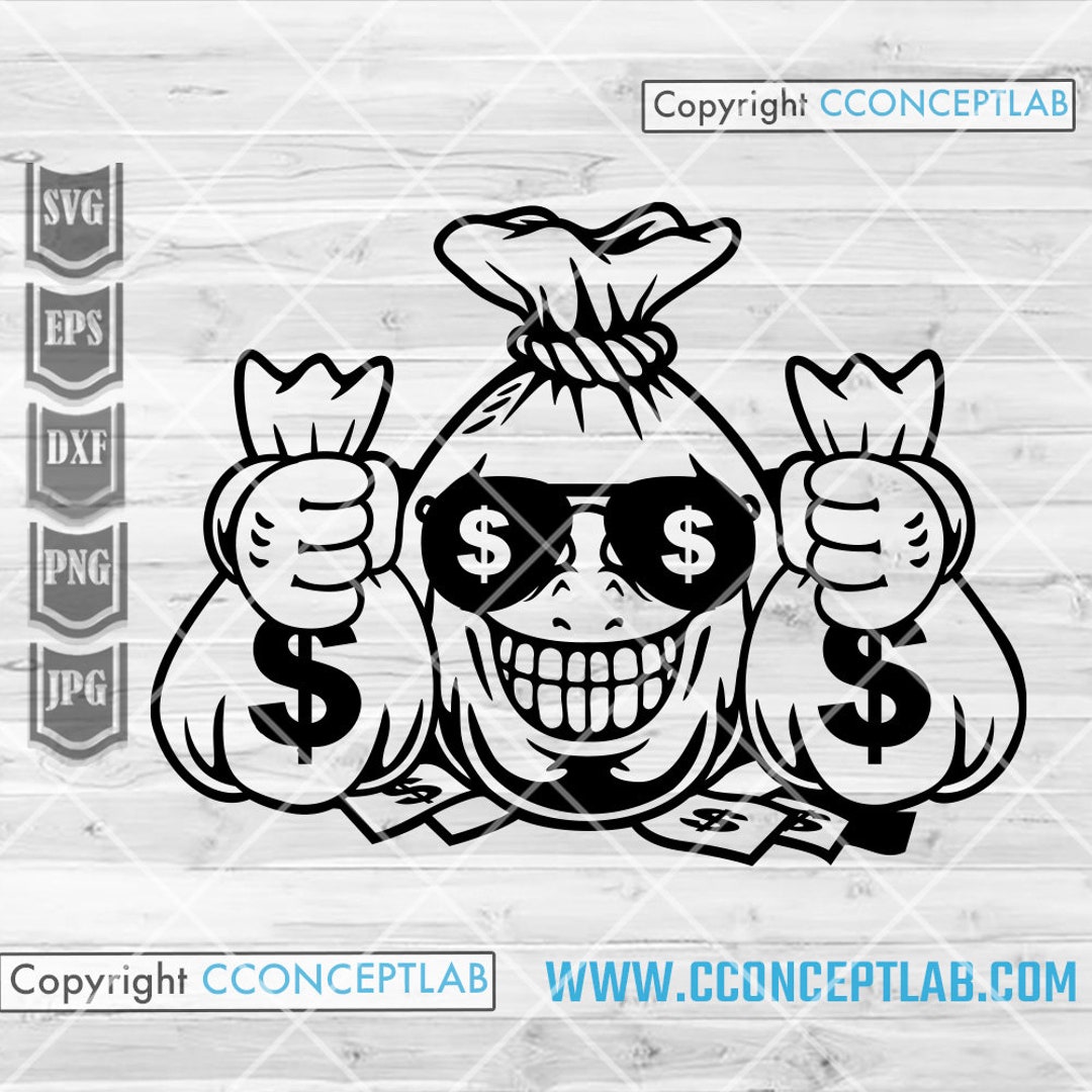 Money Bag Mascot Svg | Gangster Cool Rich Clipart | Million Dollar Bag ...
