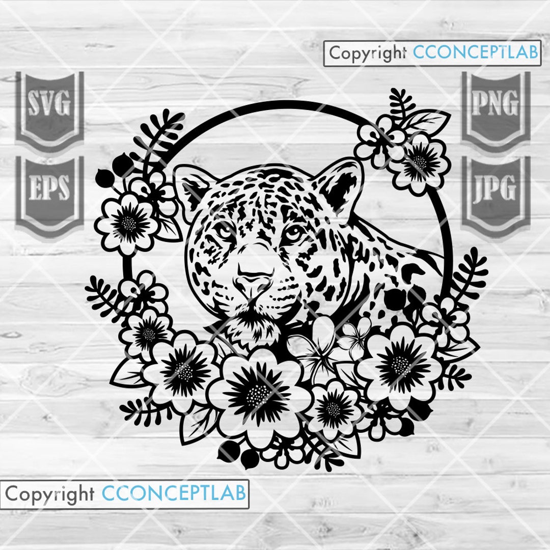 Jaguar Wreath Svg | Wild Floral Animal Clipart | Forest Beast Stencil ...