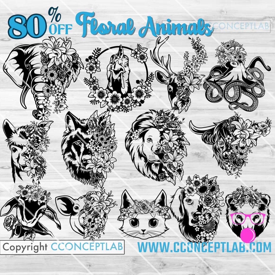 Animal Bundle Svg | Floral Animal SVG Bundle Svg | Cute Animal Clipart ...
