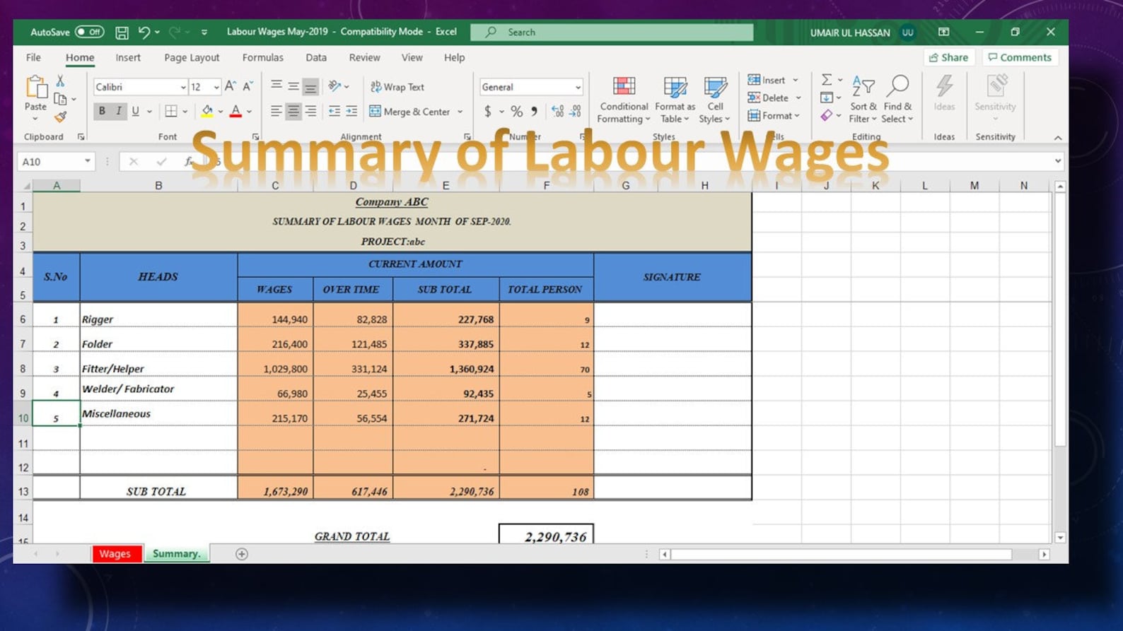 Excel Salary Calculator Excel Template | Manhours, Labour Wages ...