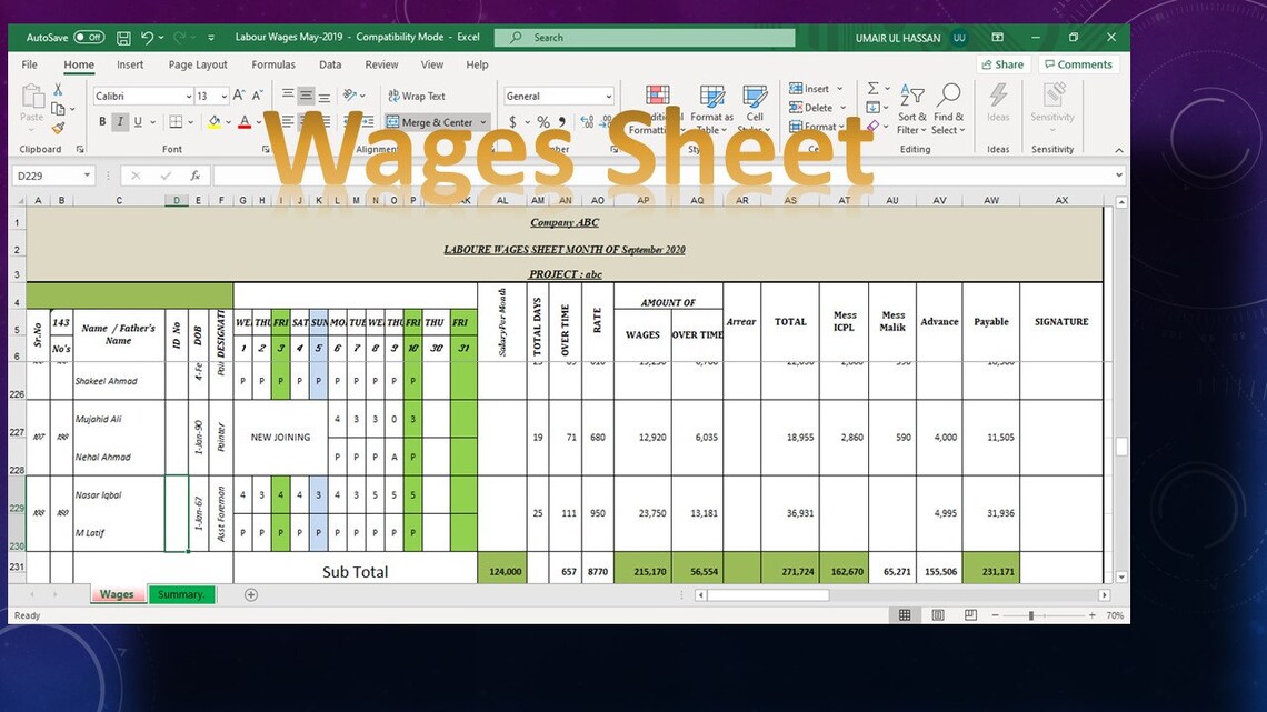 Excel Salary Calculator Excel Template | Manhours, Labour Wages ...