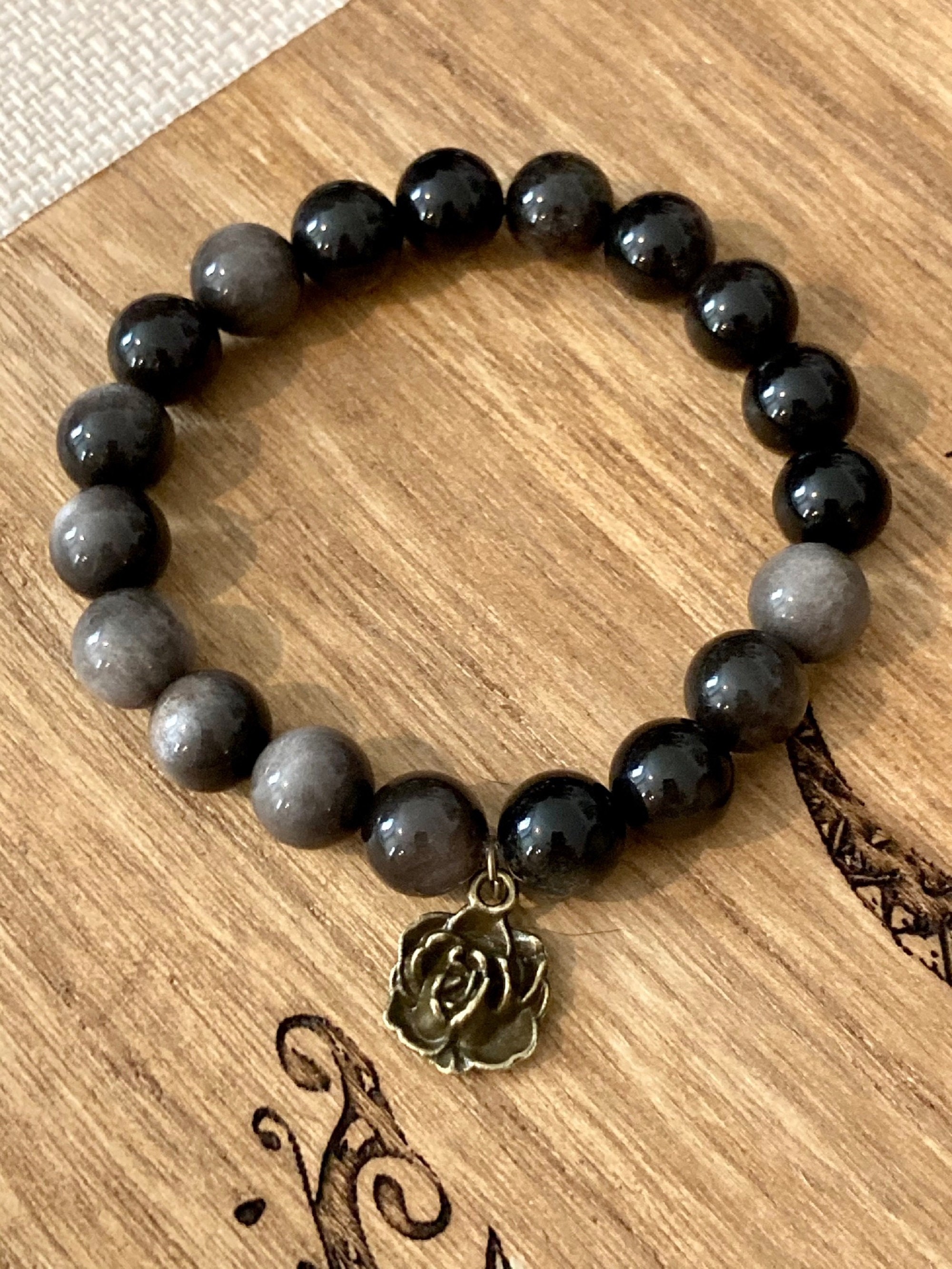 Gemstone Bracelet - Silver Obsidian, Calming Bracelets, Rose Flower Charm