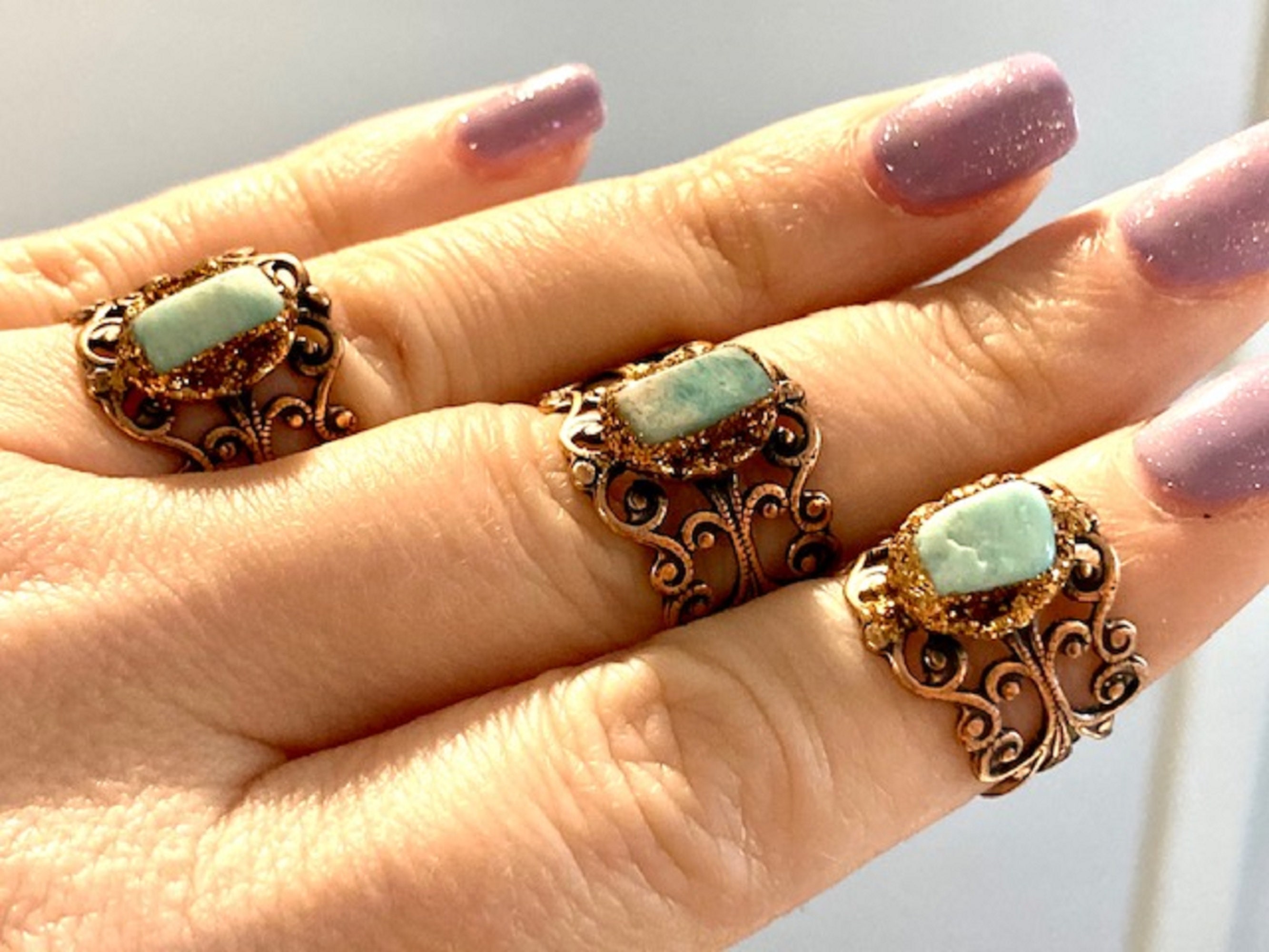 Gemstone Rings - Amazonite / Copper Plated, Adjustable Ring, Crystal ...