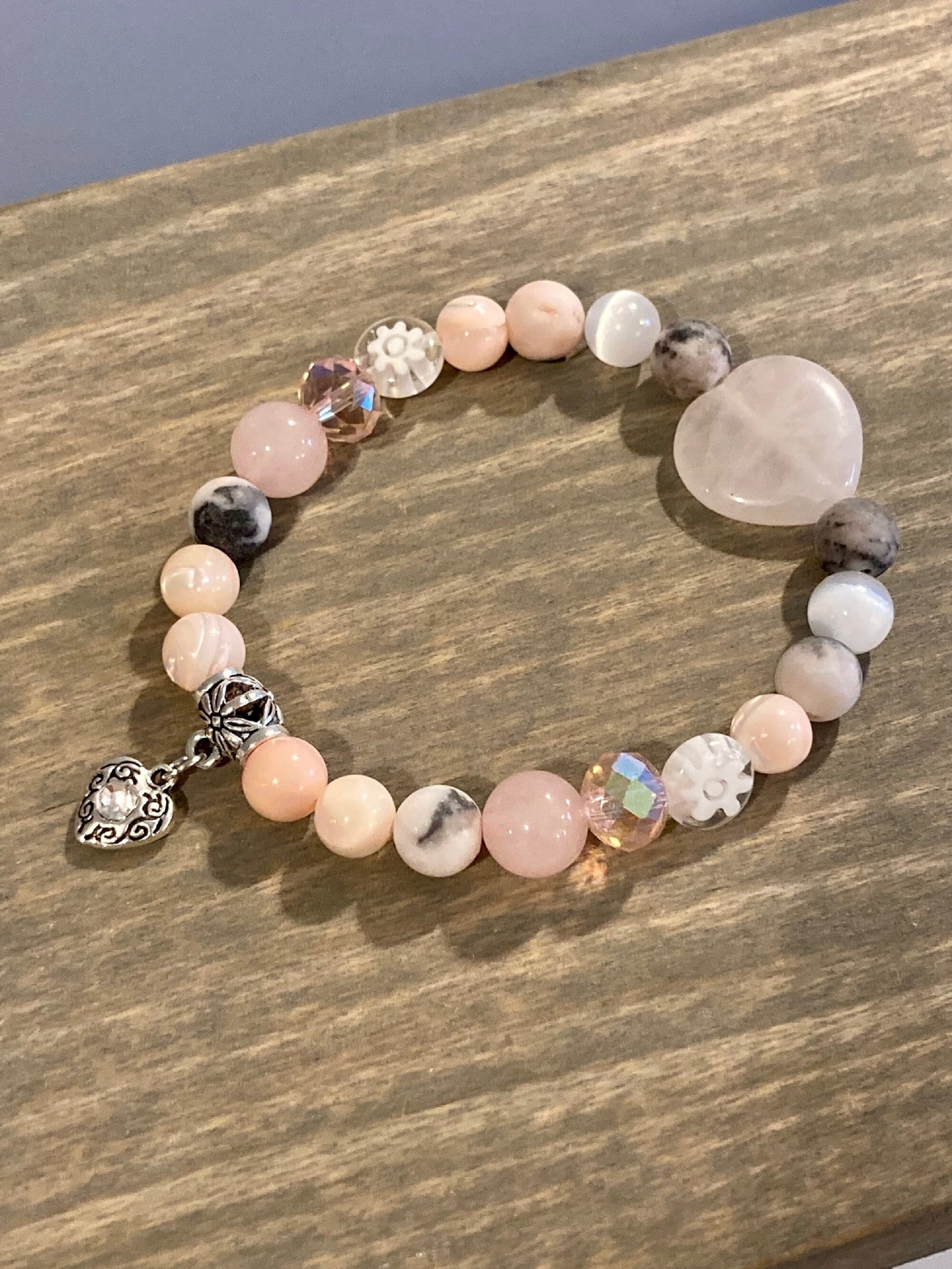 Gemstone Bracelet - Rose Quartz / Selenite / Millefiori Glass / Zebra ...