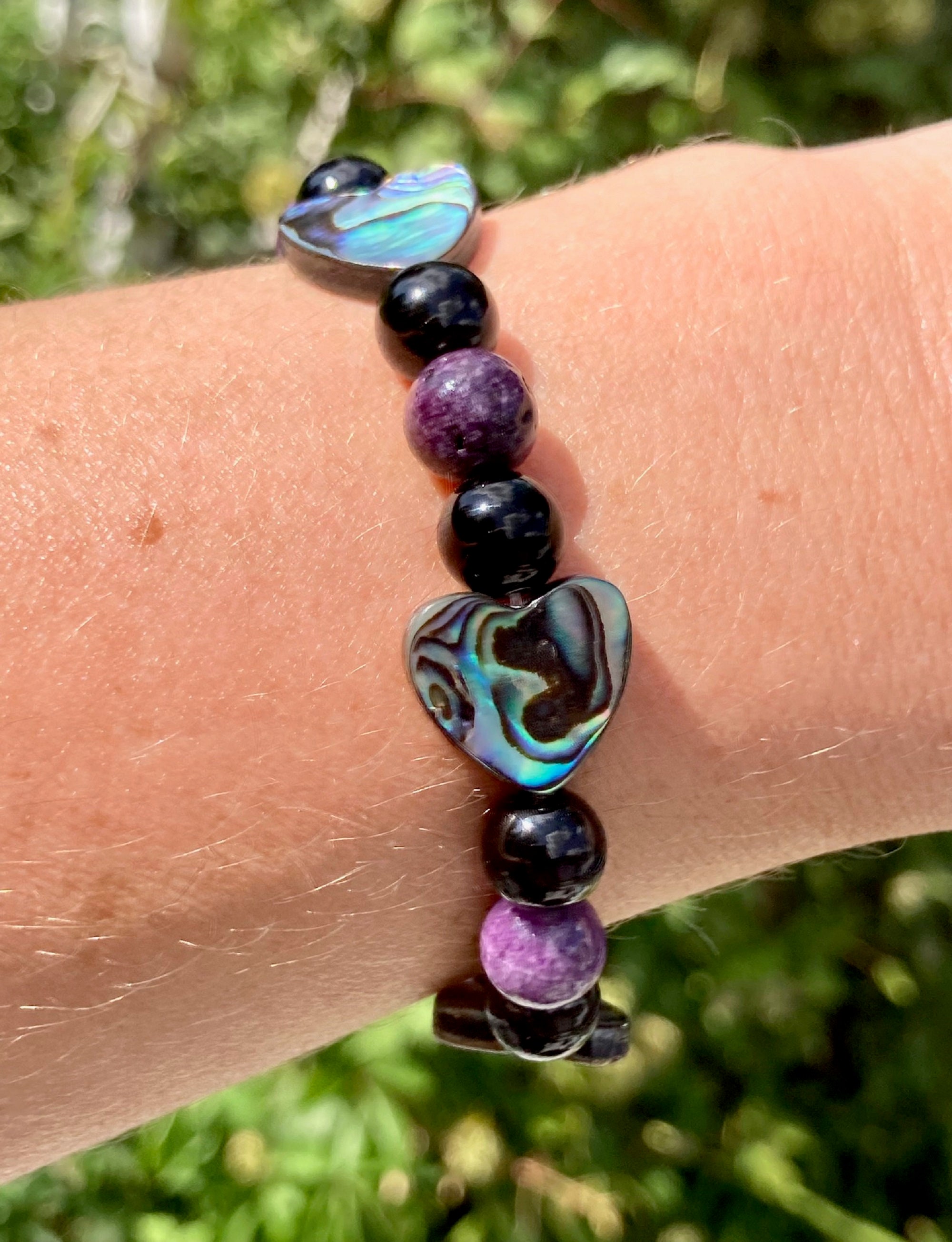 Gemstone Bracelet - Abalone Heart / Black Jasper / Quartzite Crystal ...
