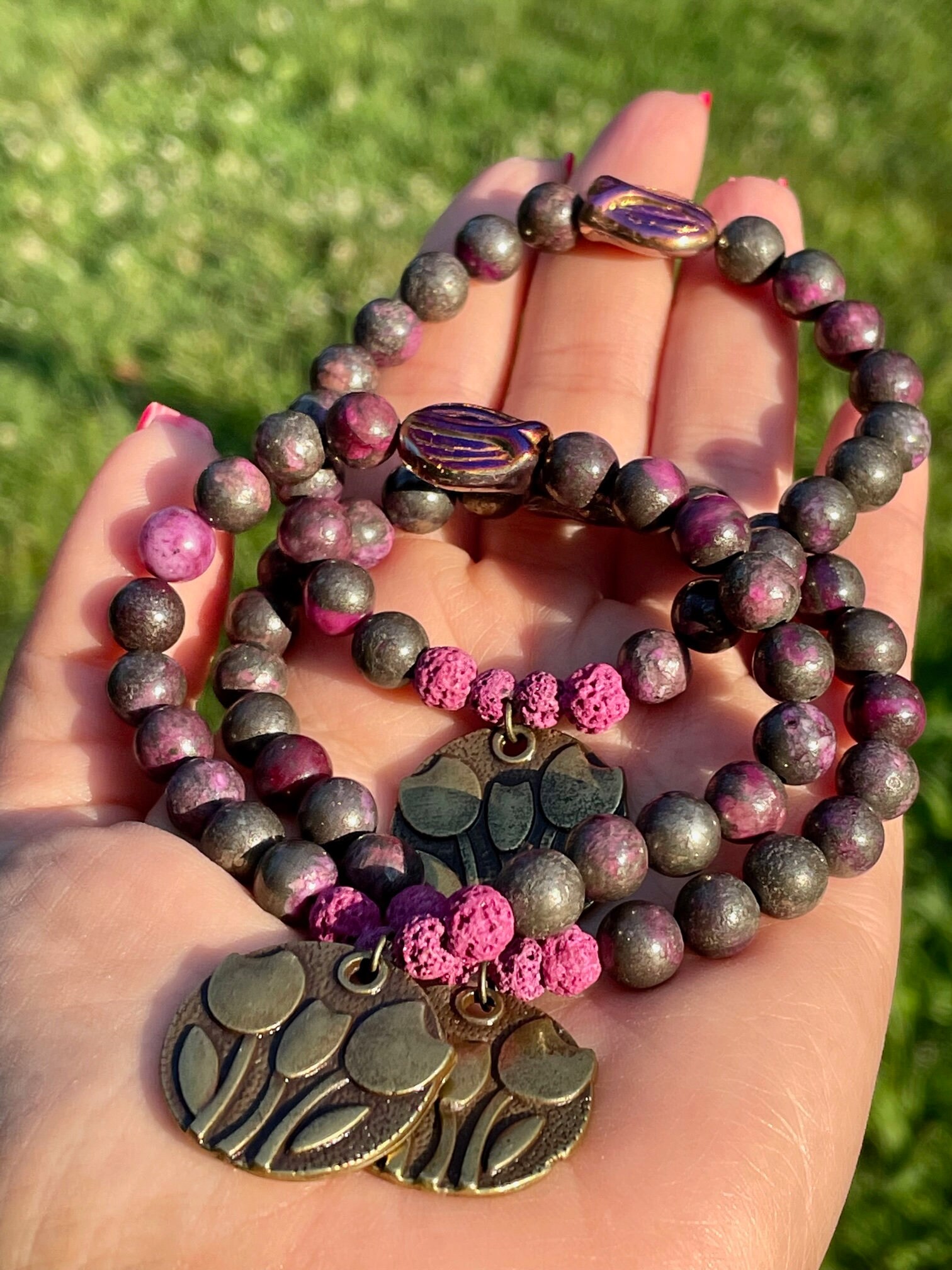 Essential Oil Diffuser / Gemstone Bracelet - Lava Stone / Pink Pyrite Intrusion Quartz Crystal ...