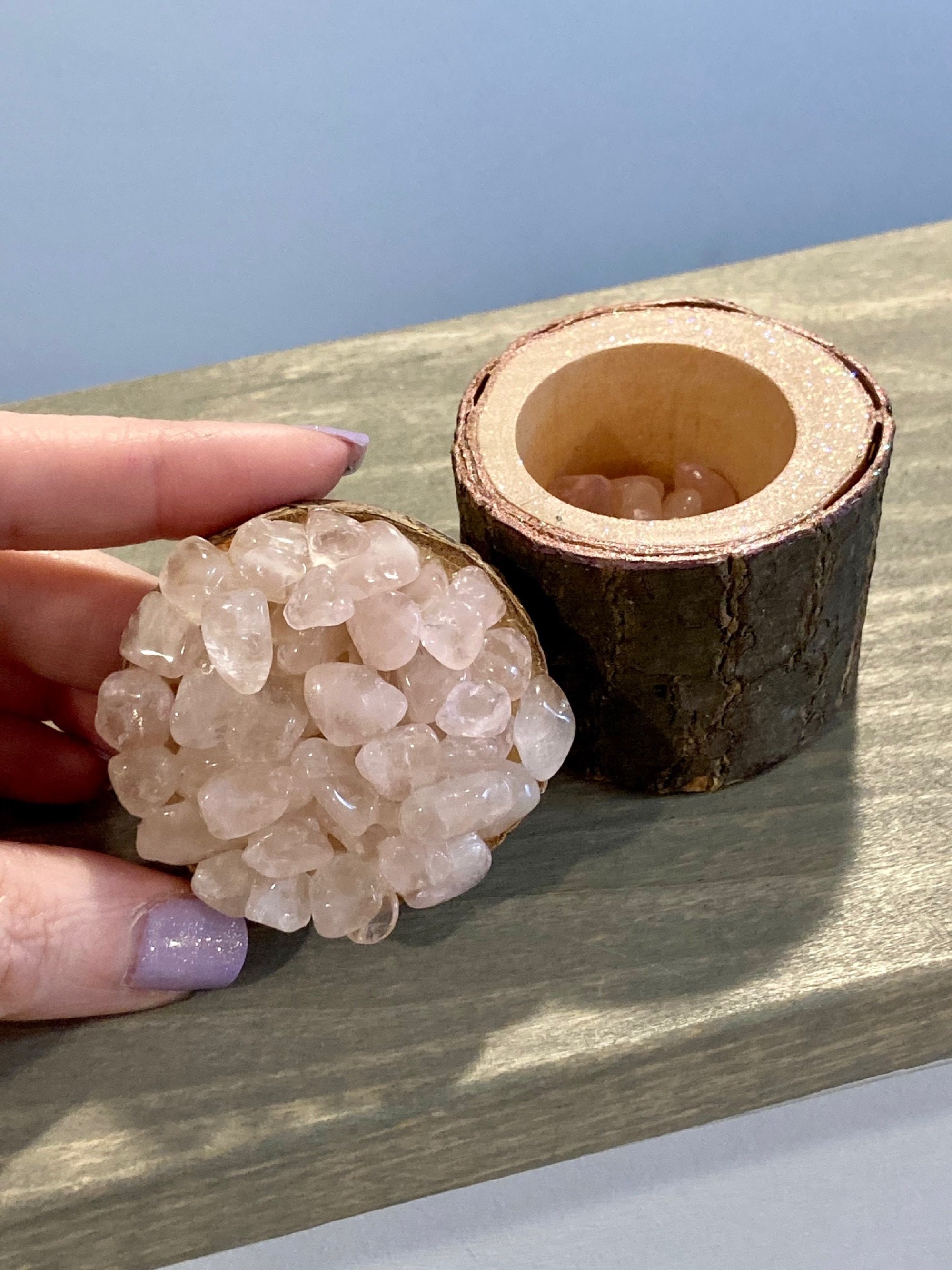 Rose Quartz Crystals and Natural Wood Gem Box