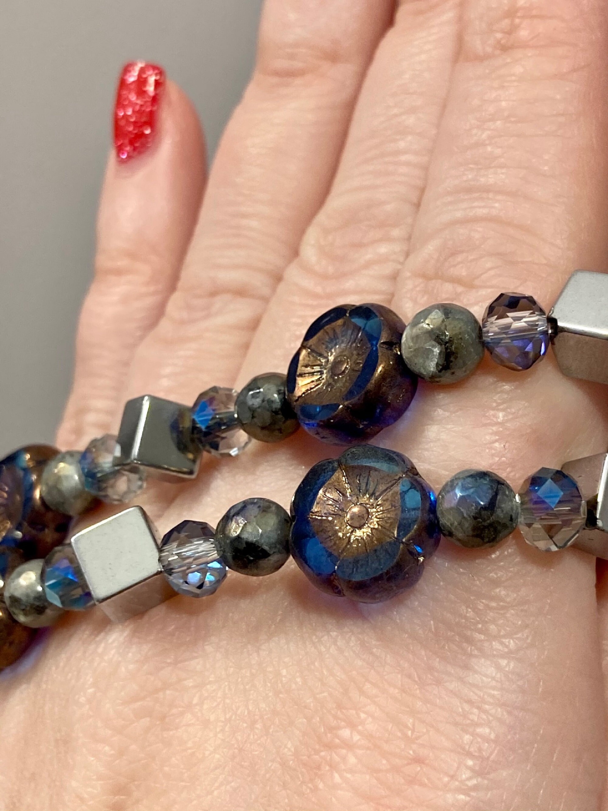 Gemstone Bracelet - Czech Glass / Crystal / Hematite / Larvikite Marble ...