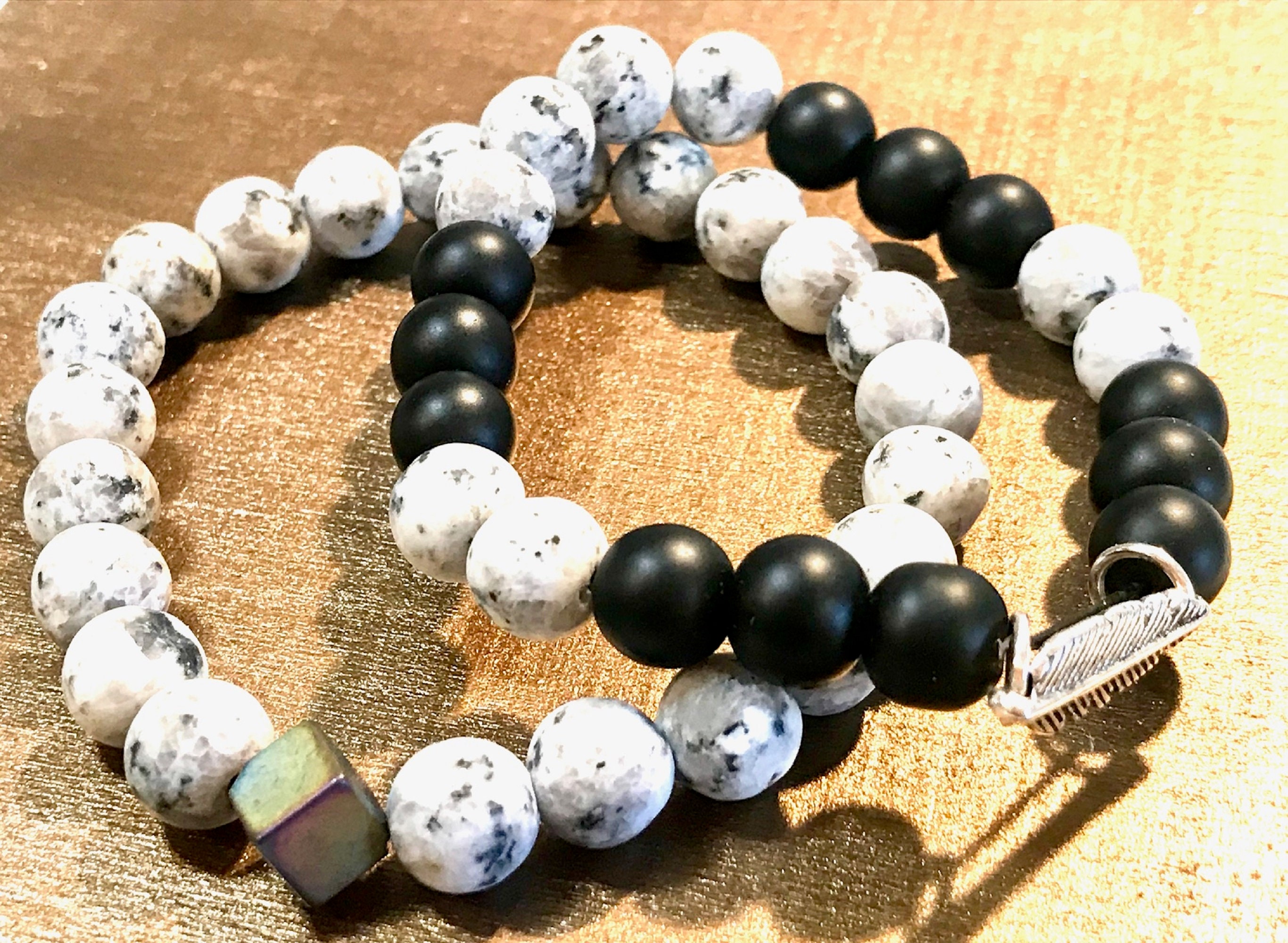 Gemstone Bracelet - Gray Spotted Jasper / Onyx / Hematite Healing Bracelets