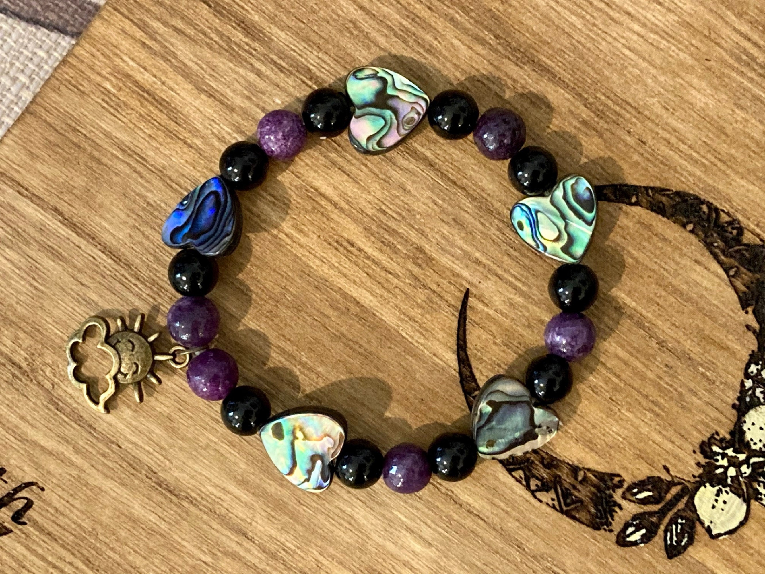 Gemstone Bracelet - Abalone Heart / Black Jasper / Quartzite Crystal ...