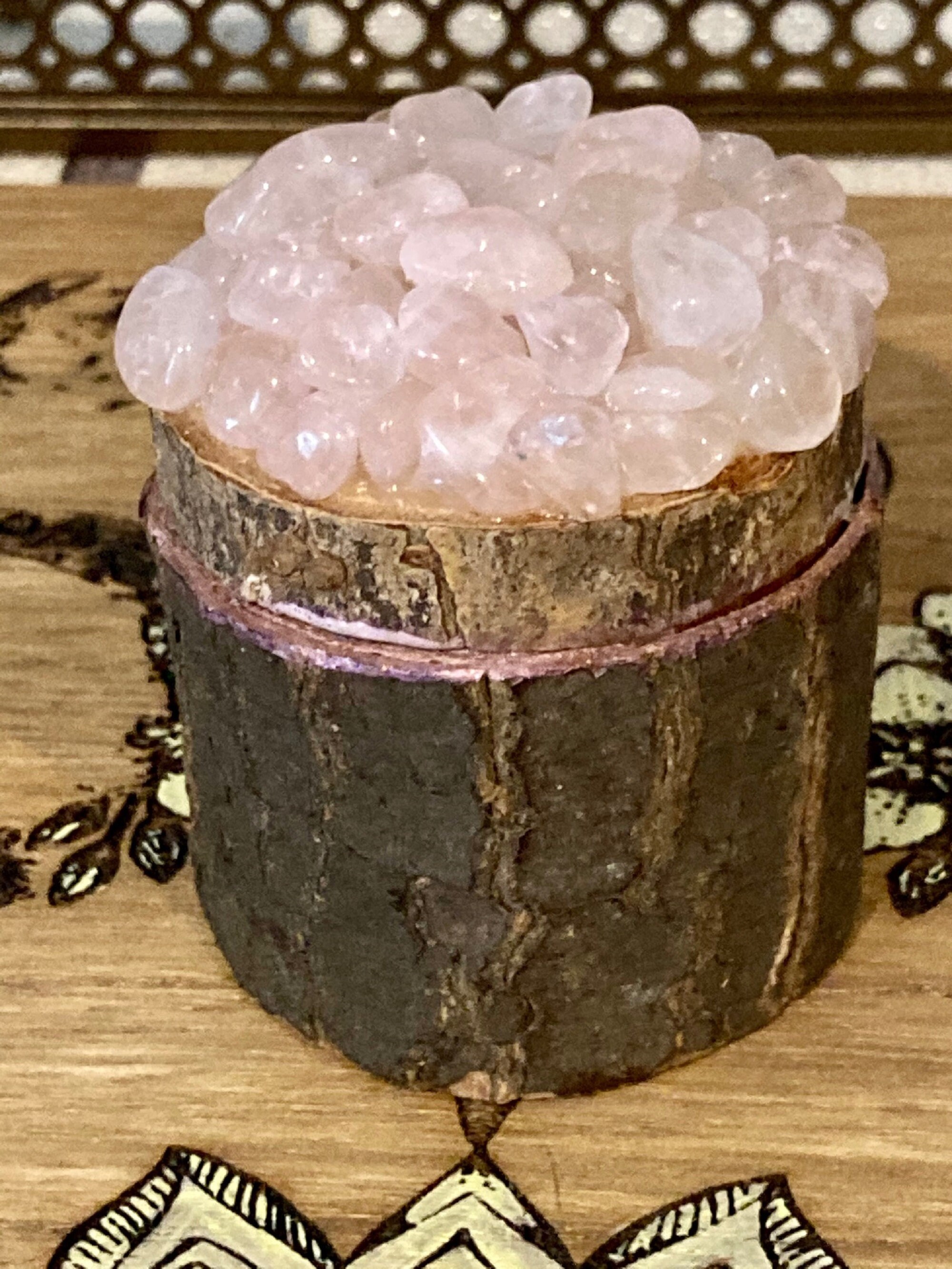 Rose Quartz Crystals and Natural Wood Gem Box