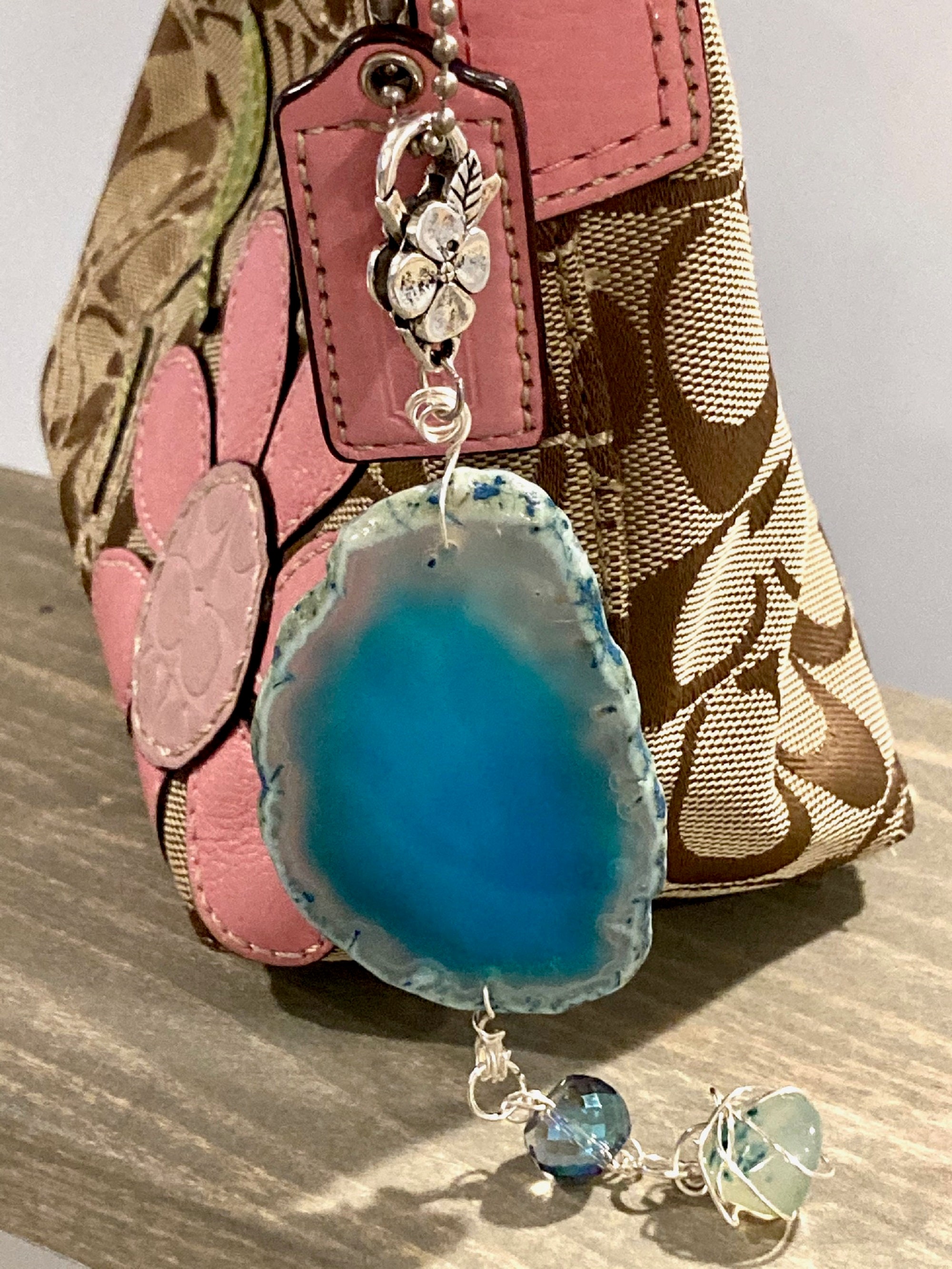 Crystal Healing Boho Clip on Hanging Charm / Blue Agate Slice Crystal ...
