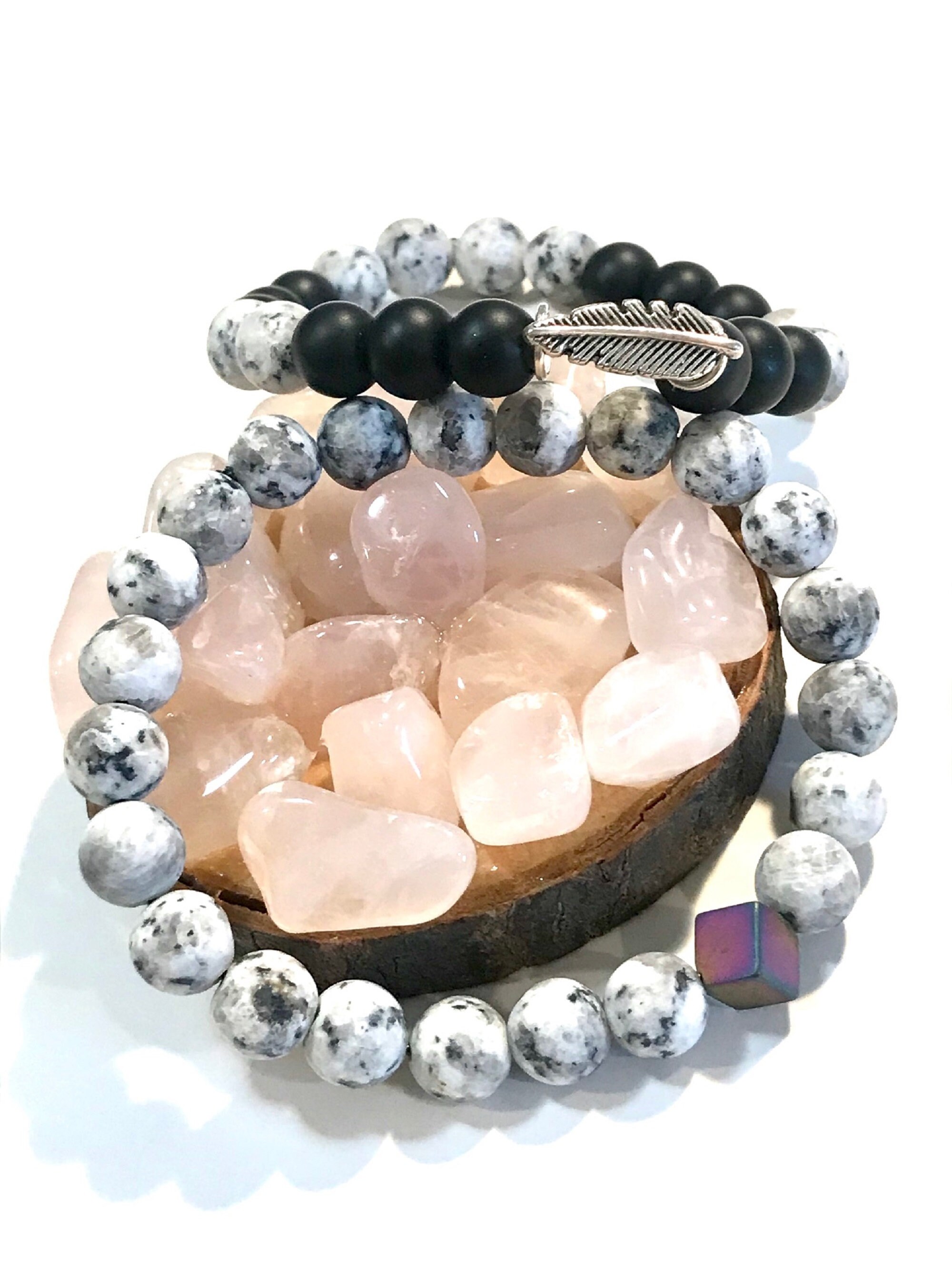 Gemstone Bracelet - Gray Spotted Jasper / Onyx / Hematite Healing Bracelets