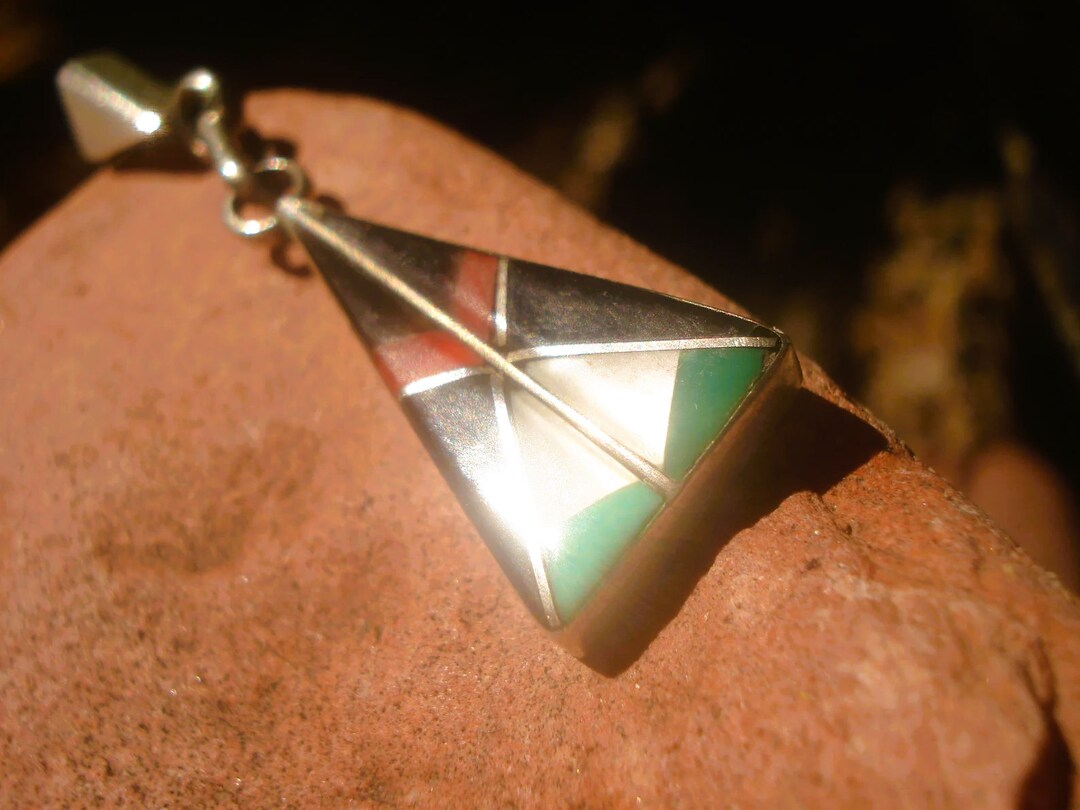 C. 1950's, Poblano, Zuni, Stone Mosaic Pendant, Coral, Turquoise, Jet ...