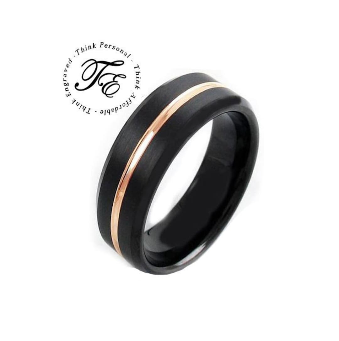 Men's Real Black Tungsten Promise Ring Gold Line Groove - Black Gold ...