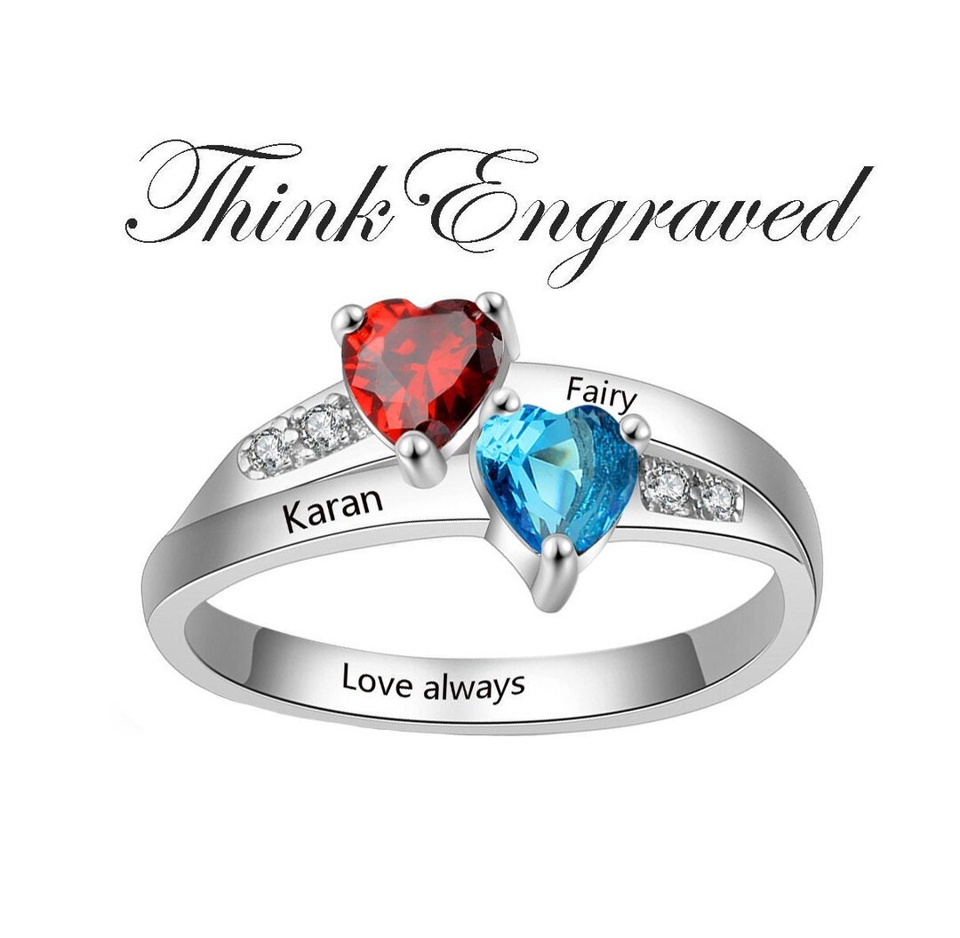 Personalized 2 Birthstones Mothers Ring 2 Engraved Names - 2 Heart ...