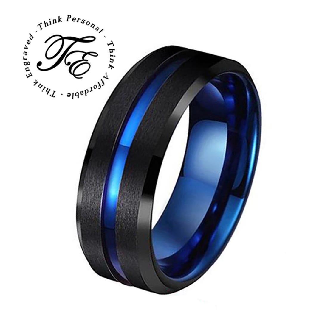 Blue Line Men's Wedding Band Ring: Gunmetal Grey Surgical Steel - Etsy