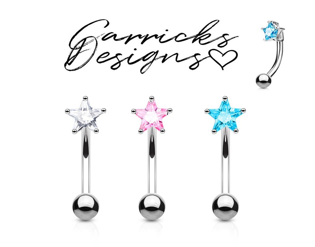 Star Eyebrow Ring 3 Piece Set Clear Pink and Blue CZ Prong Set Top 316L ...
