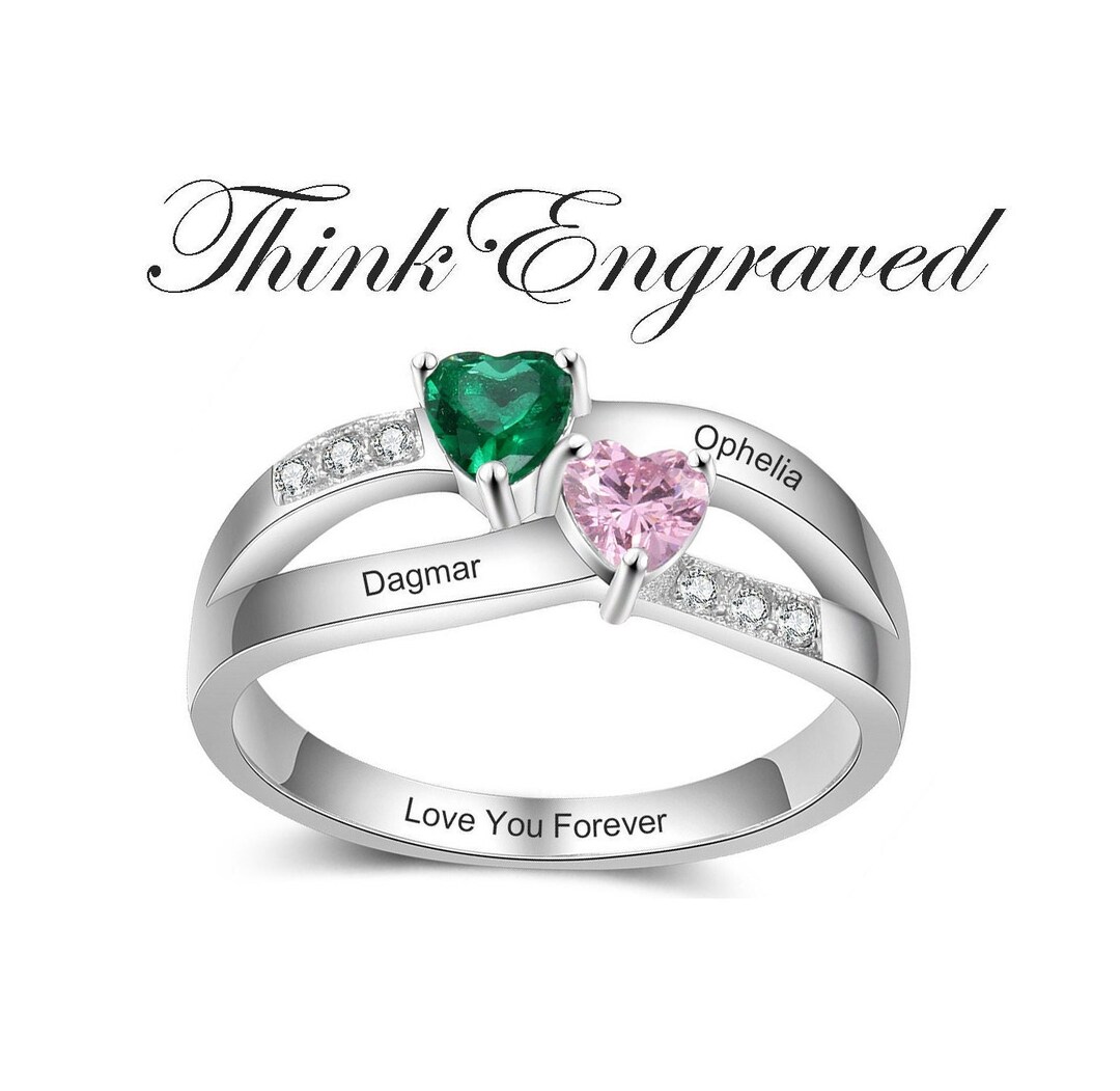Personalized 2 Stone Mother's Ring United Hearts Split Band Family Ring ...