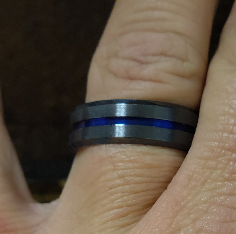 Personalized Blue Line Men's Ring: Engraved Gunmetal Stainless Steel ...