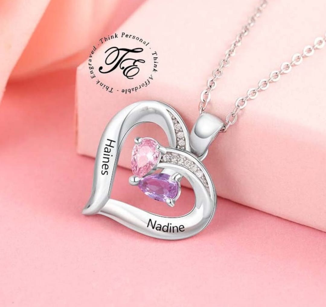 Personalized 2 Birthstone Mother's Heart Necklace Inner Heart - 2 Names ...