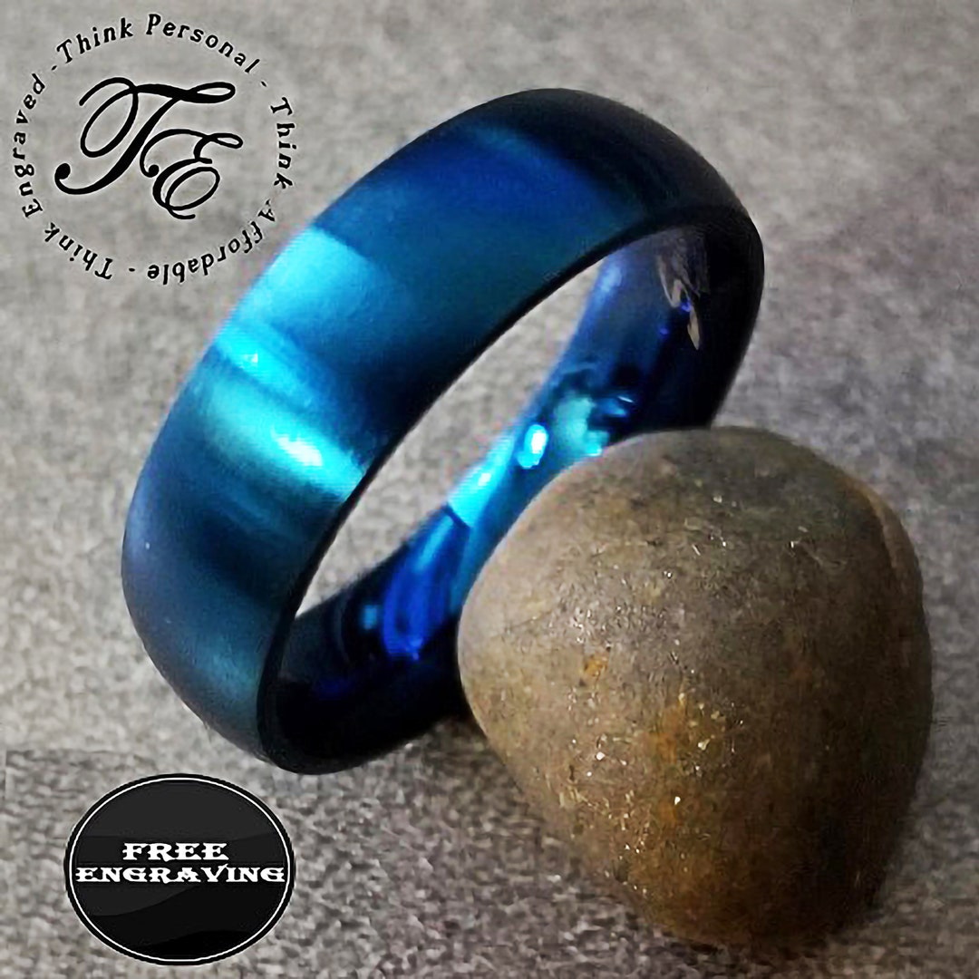 Personalized Engraved Men's Matte Blue Promise Ring - Handwriting Ring ...