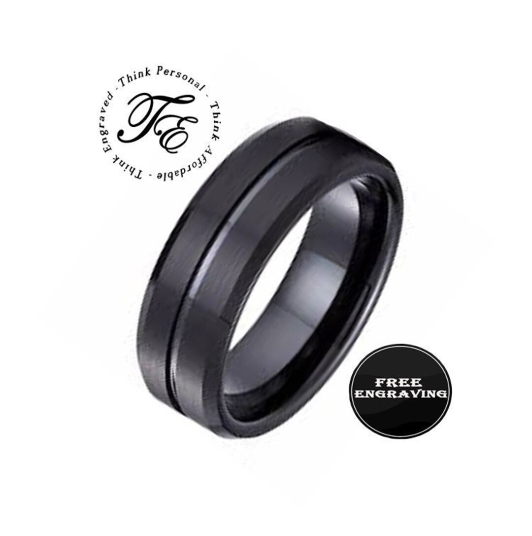 Personalized Engraved Men's Matte Black Grooved Tungsten Promise Ring ...