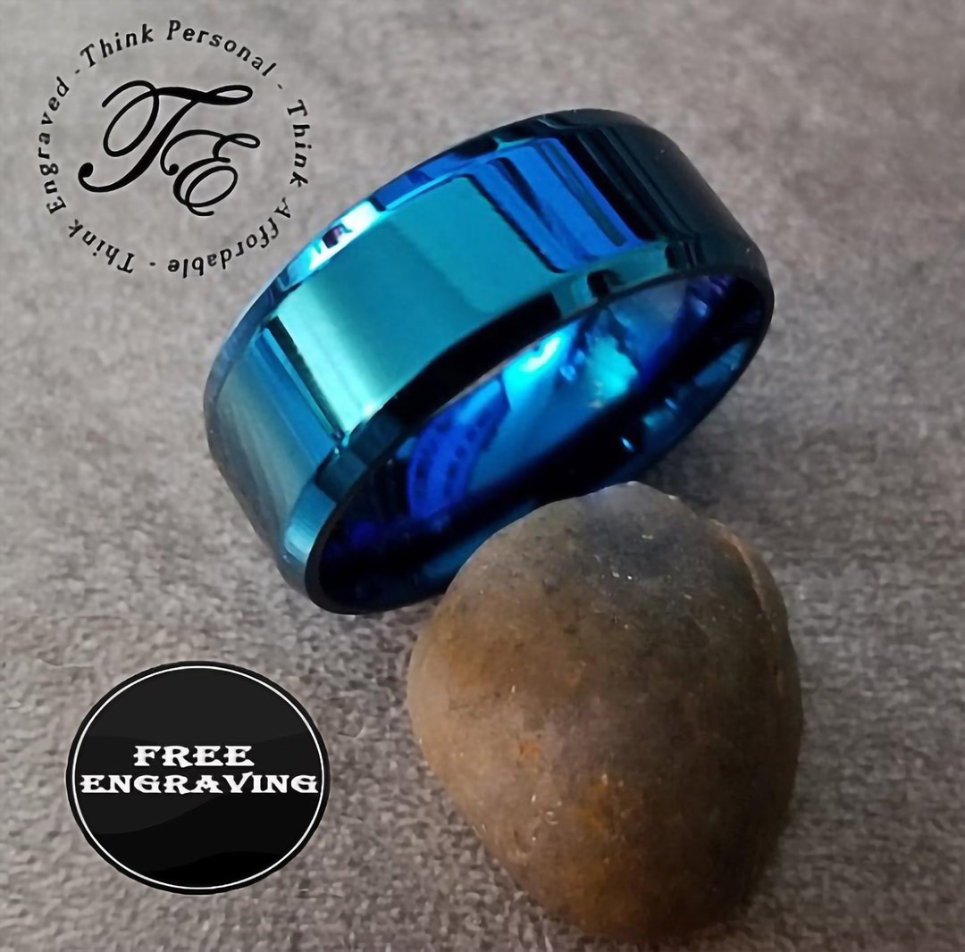 Custom Engraved Men's Blue Promise Ring or Wedding Ring - Handwriting ...