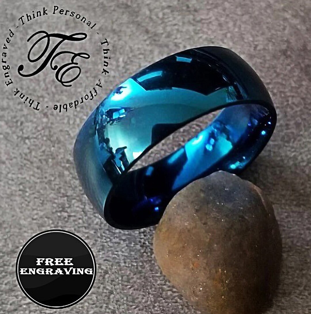 Personalized Blue Stainless Steel Men's Ring: Handwriting Engraved ...