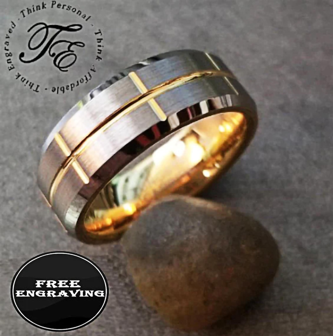 Personalized Men's Tungsten Wedding Ring: Two-tone Gold & Silver ...