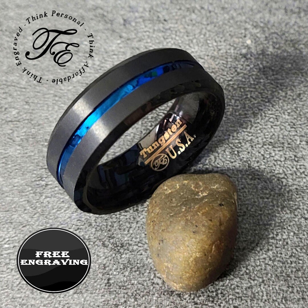 Blue Line Tungsten Ring: Engraved Men's Wedding Band - Etsy
