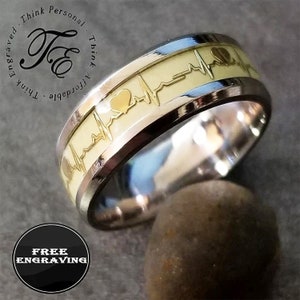 Personalized Men's Heart Beat Promise Ring Glow in the Dark Silver and ...
