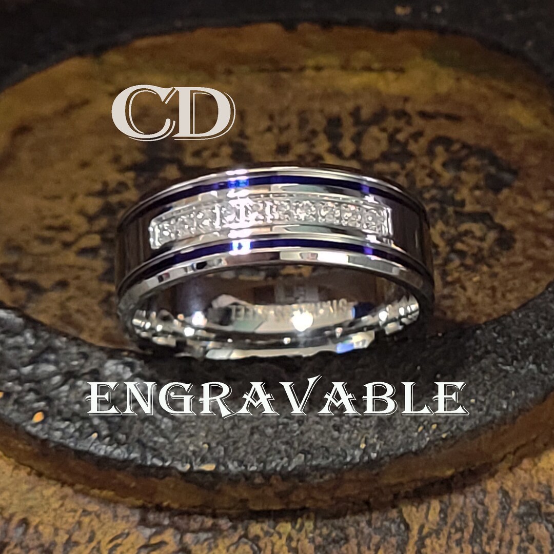 Personalized Men's Double Blue Line Promise Ring Band With Paved Jewels ...