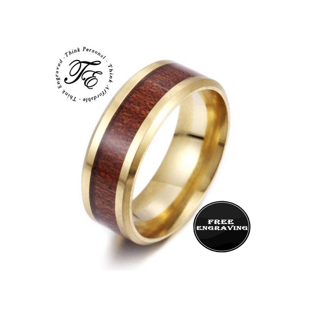 Personalized Engraved Men's Promise Ring Gold With Wood Inlay ...