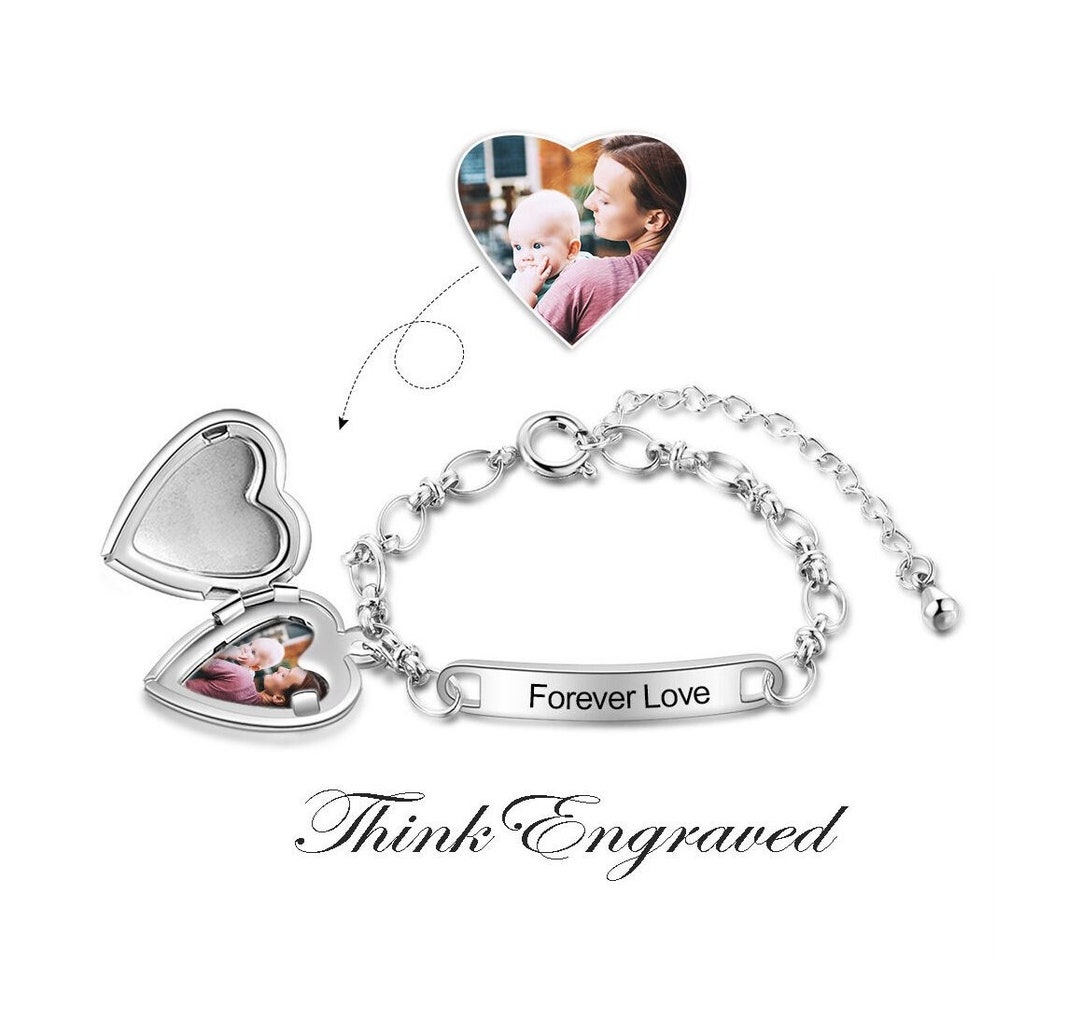 Personalized Women's Heart Photo Locket Bracelet Custom Engraved ...
