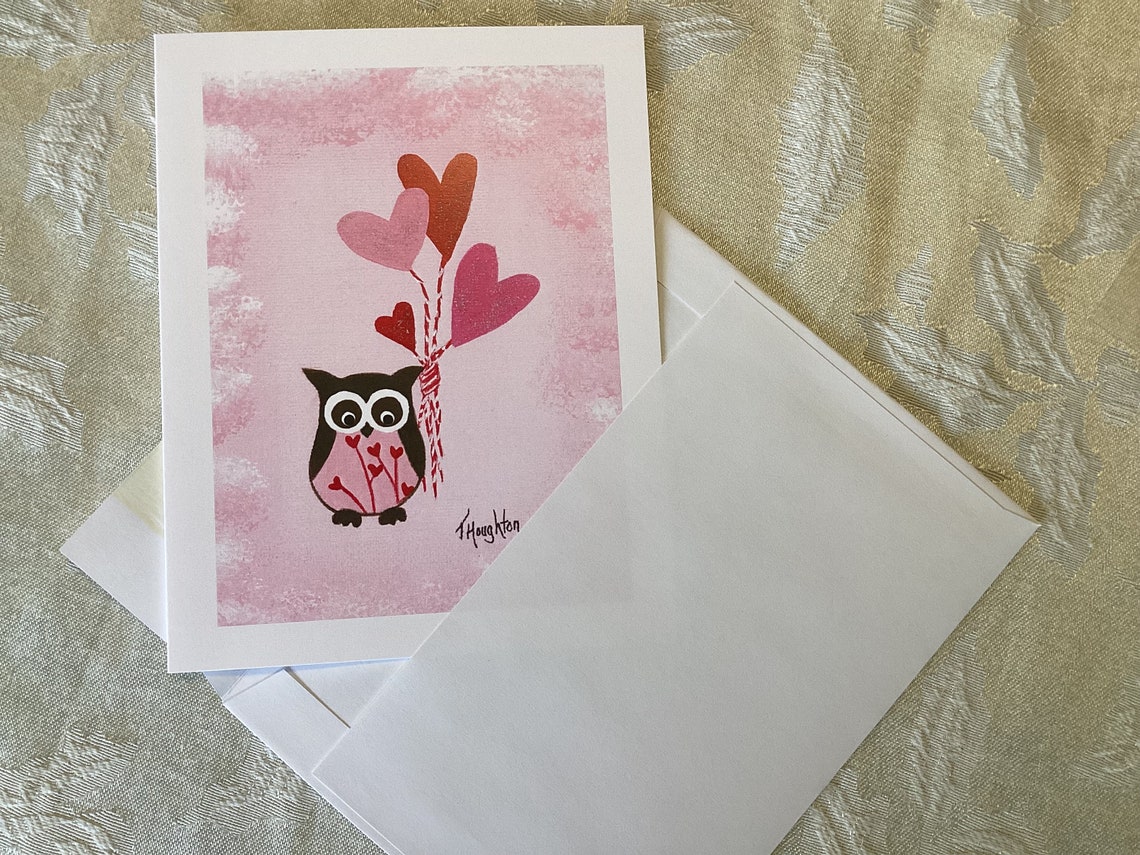 Owl Valentine Card / Owl Art Card / Bird Valentines Day Card ...