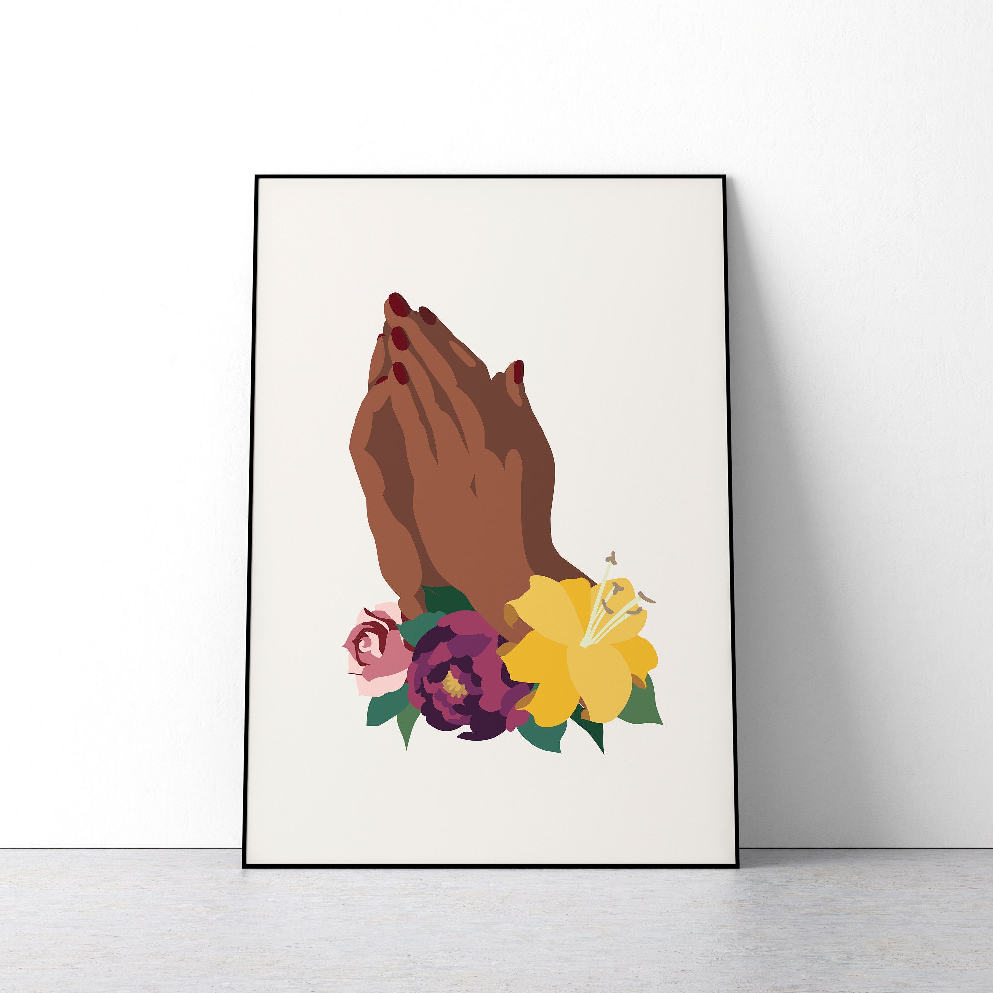 Praying Hands With Flowers Art Print Feminist Art Black | Etsy