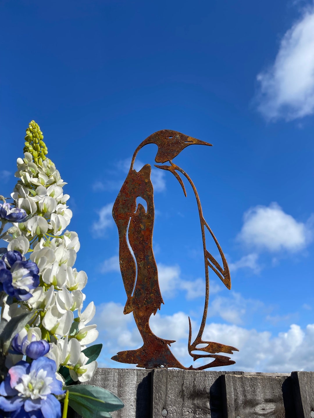 Exterior Rustic Metal Penguin Garden Stake Yard Art Sculpture Flower ...