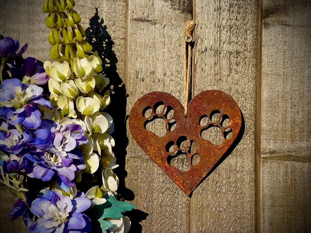 Rustic Rusty Metal Trio Paw Print Love Heart Pet Dog Cat Memorial Gift ...