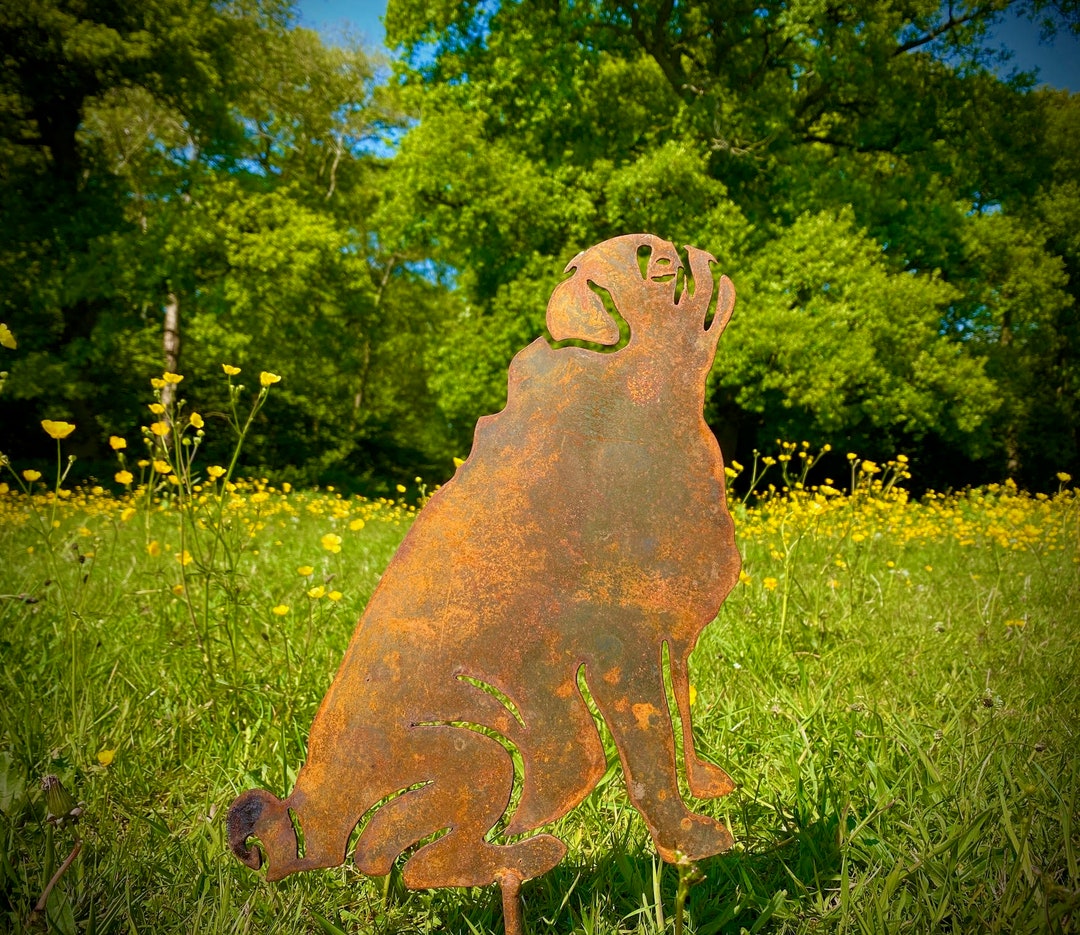 Small Exterior Rustic Rusty Metal Pug Dog Garden Stake Yard Art Flower ...