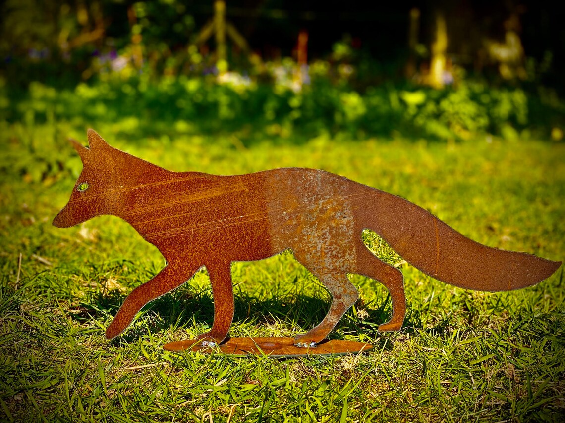 Exterior Rustic Metal Fox Garden Stake Yard Art Sculpture Flower Bed ...